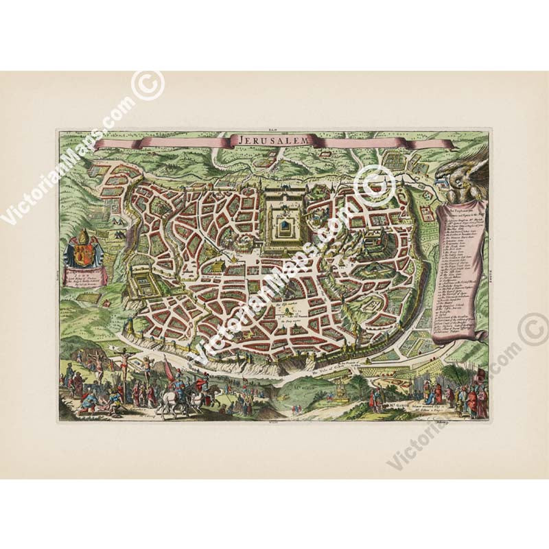 Ancient Jerusalem birds-eye plan map - a print by Joseph Moxon, 1671 a ...