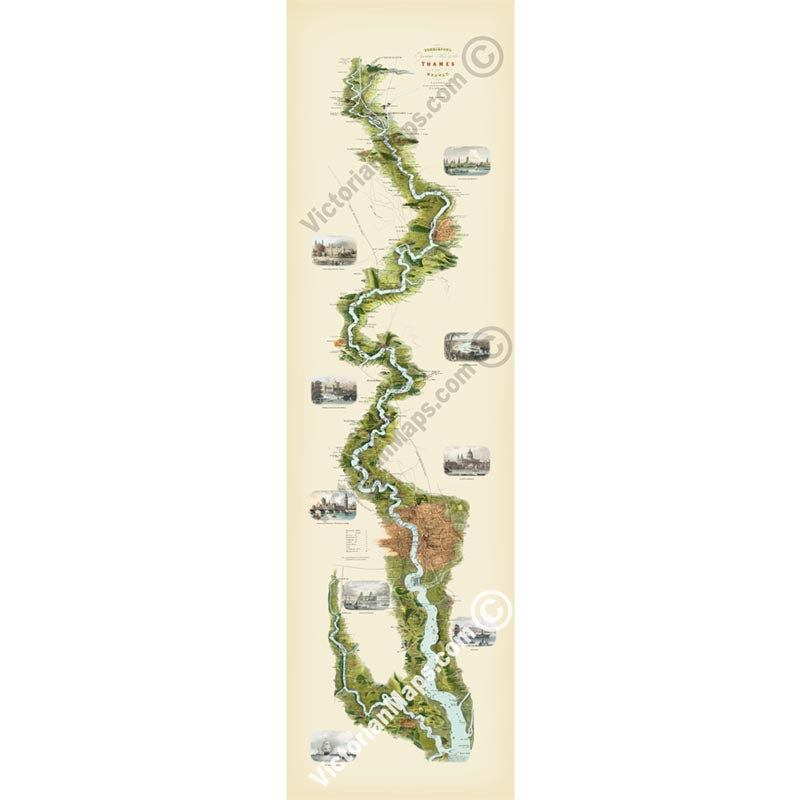 Antique Tombleson's Panoramic Map River Thames 1850 +9 Victorian views ...